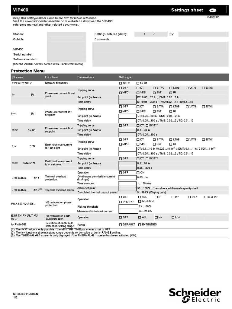 VIP400 Settings Sheet NRJED311208EN | PDF | Parameter (Computer ...