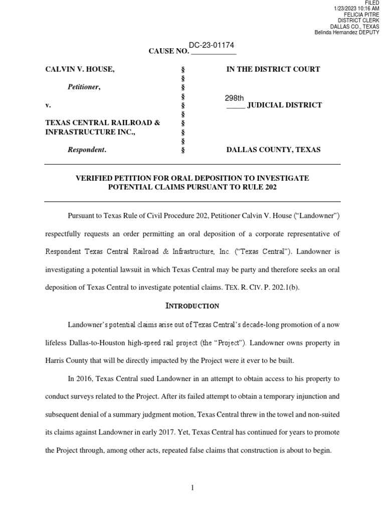 Verified 202 Petition Against Texas Central Railroad | PDF | Lawsuit ...