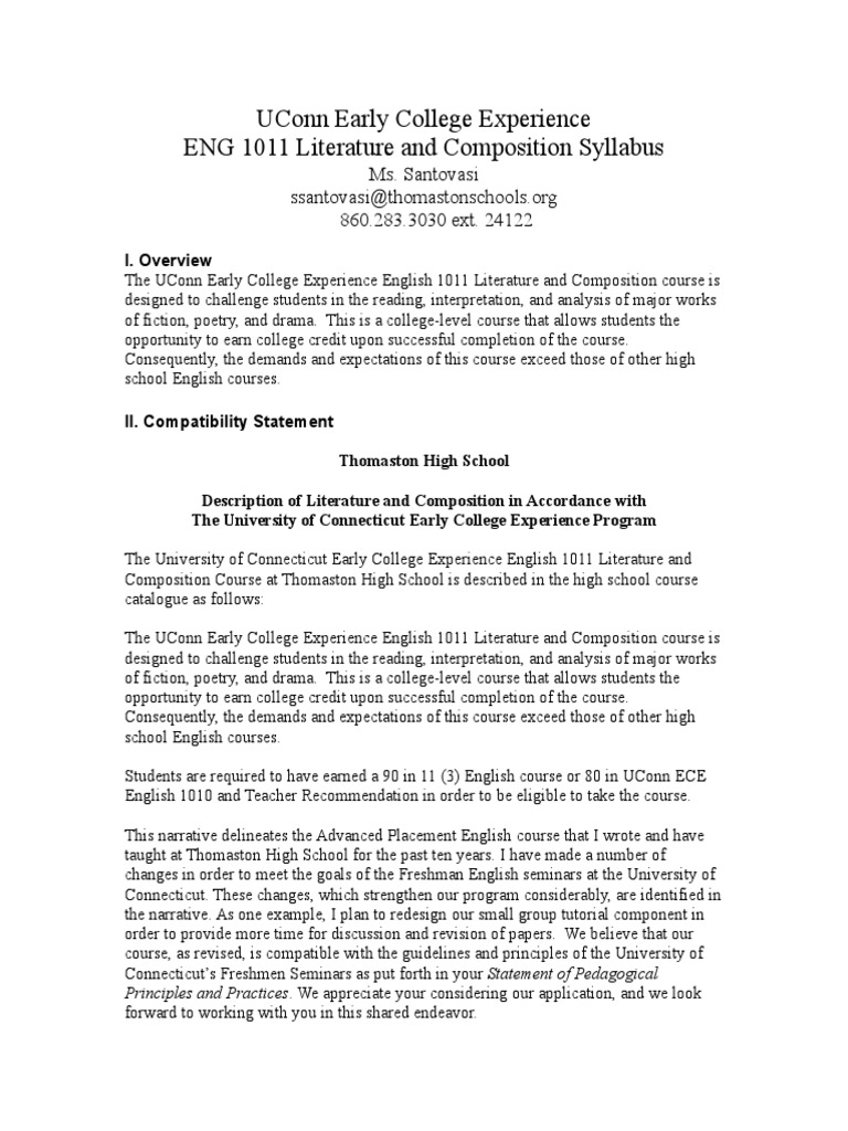 UConn ECE ENG 1011 Literature and Composition Complete Syllabus 2021 ...