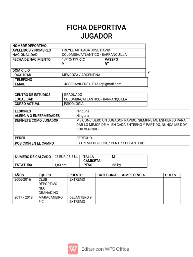Ficha Deportiva Jugador 2 | PDF