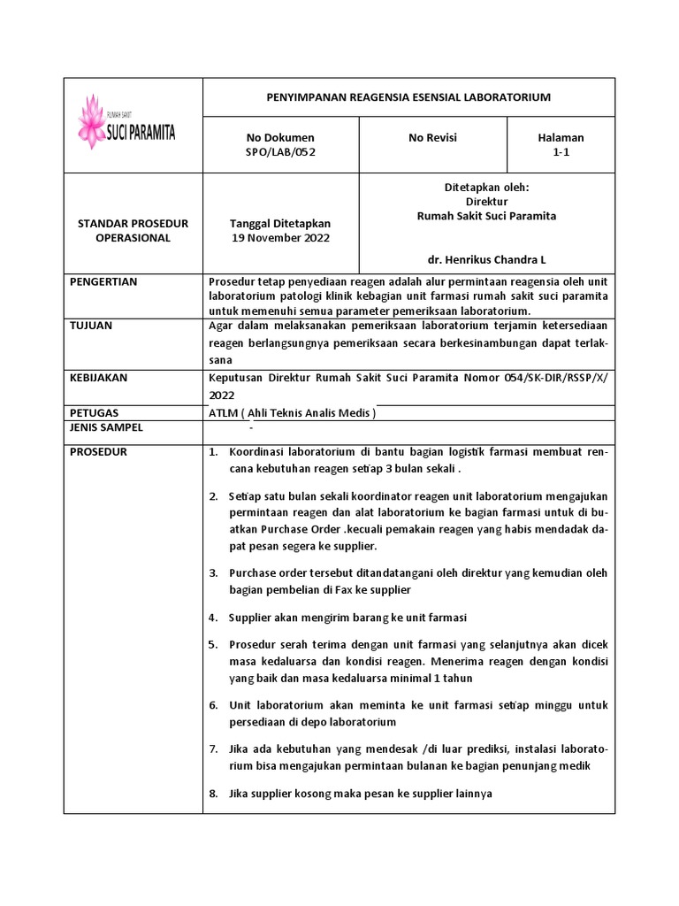 Spo Penyimpanan Reagensia Esensial Laboratorium | PDF | Sains & Matematika