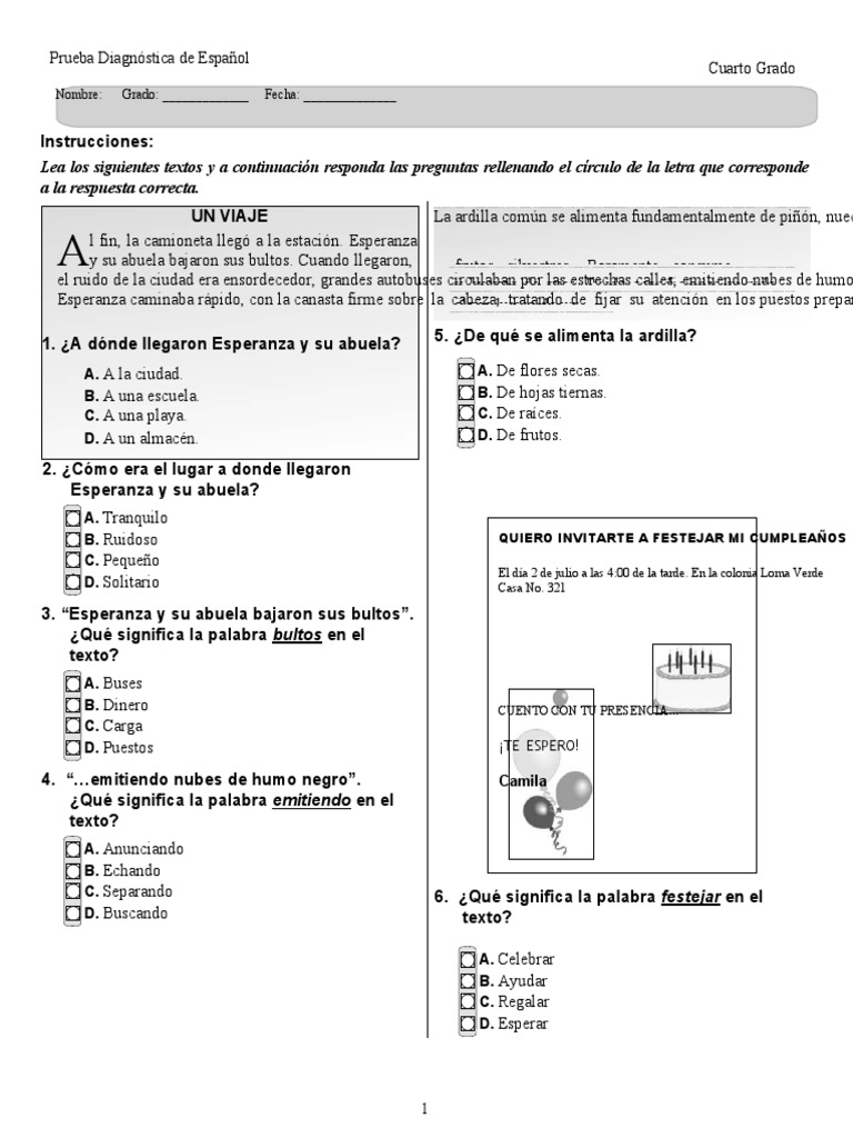 Prueba Diagnóstica de Español de 4° Grado | PDF