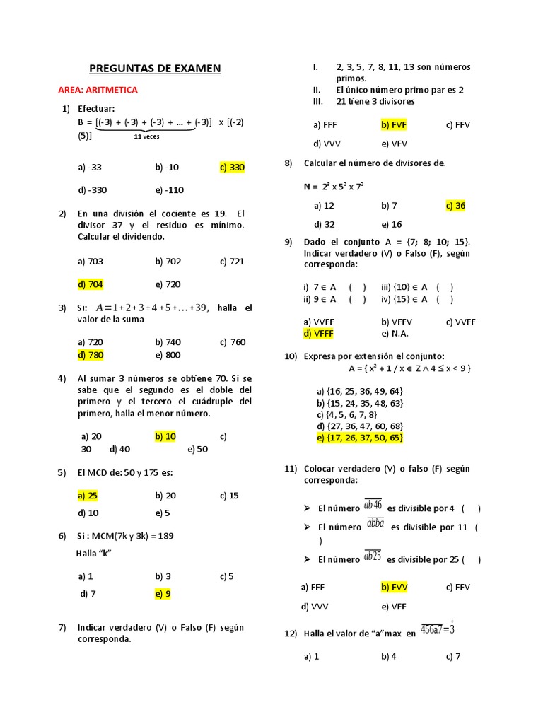Preguntas de Examen de 1ro y 2do Aritmetica y RM | PDF