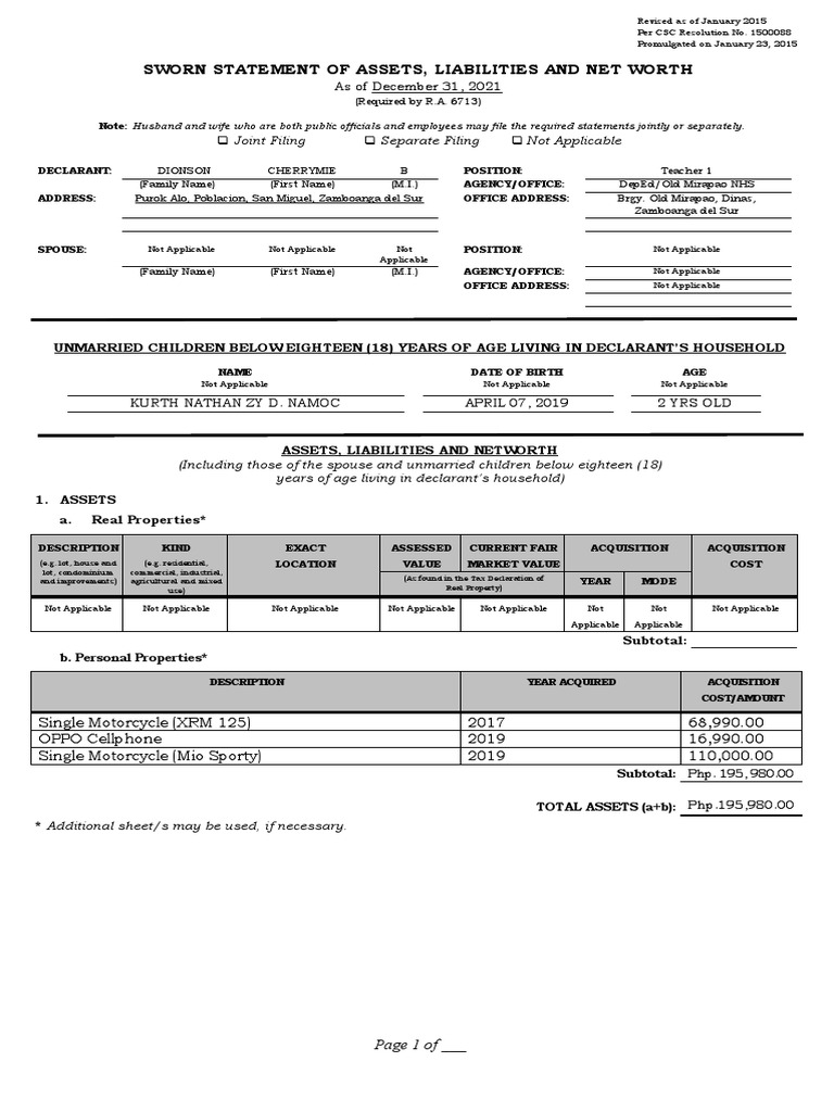 2015 SALN Form | PDF | Net Worth | Business Economics