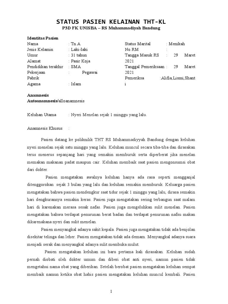 Status Pasien THT: Nyeri Menelan dan Diagnosis | PDF