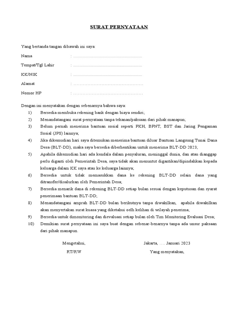 Surat Pernyataan BLT-DD 2023 | PDF