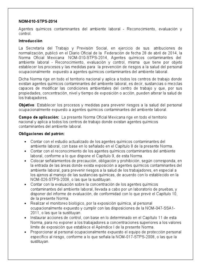 Nom 010 STPS 2014 | PDF | Contaminación | Laboratorios