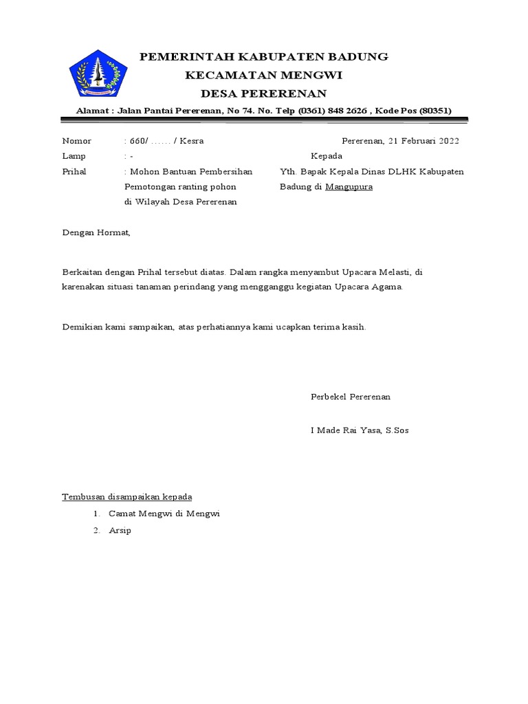 Surat Permohonan Pemotongan Ranting DLHK | PDF