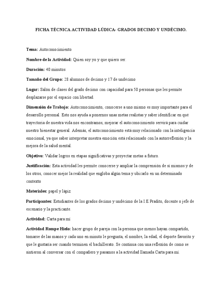 Ficha Técnica Actividad Lúdica - Grados Decimo y Undécimo. | PDF | Conceptos psicologicos ...