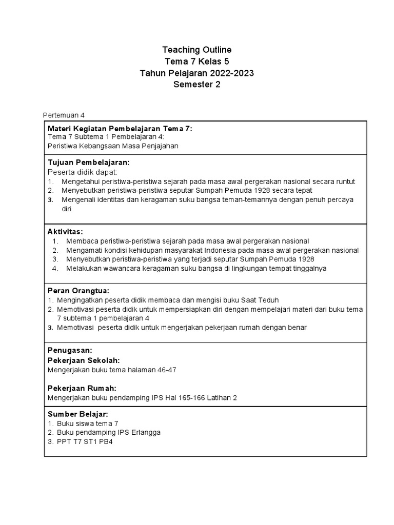 Teaching Outline Tema 7 ST1 PB4 | PDF | Kajian Bahasa Asing | Sejarah