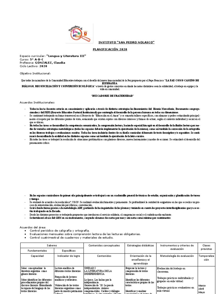 Planificación anual para la asignatura de Lengua y Literatura III en el ...