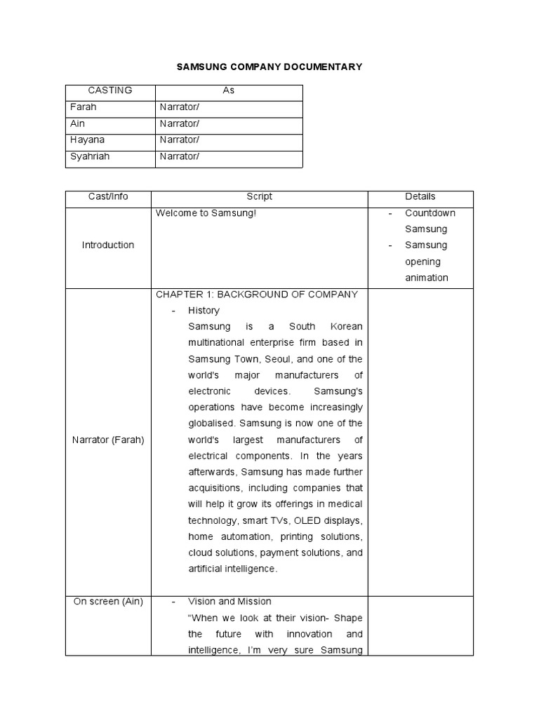 Samsung Company Documentary Script | PDF | Samsung Electronics | Innovation