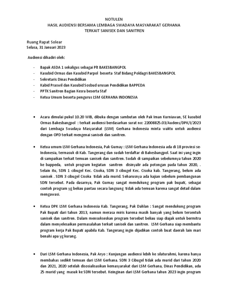 Notulen Hasil Audiensi 31 Januari 2023 | PDF | Ilmu Sosial