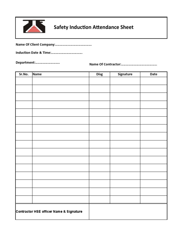 Safety Induction Attendance Sheet | PDF