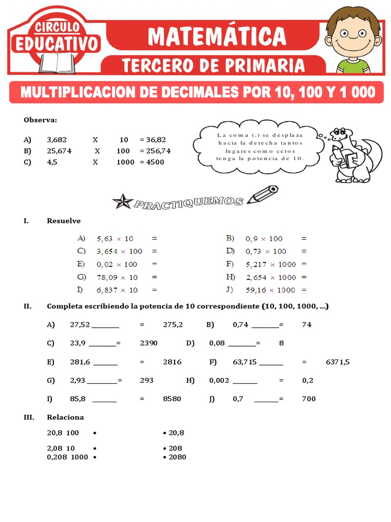 Multiplicacion de Decimales Por 10 100 y 1000 para Tercero de Primaria ...