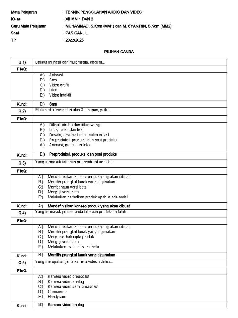 Soal T.P Audio Dan Video Kelas Xii (Mm1 Dan Mm2) | PDF | Game & Aktivitas