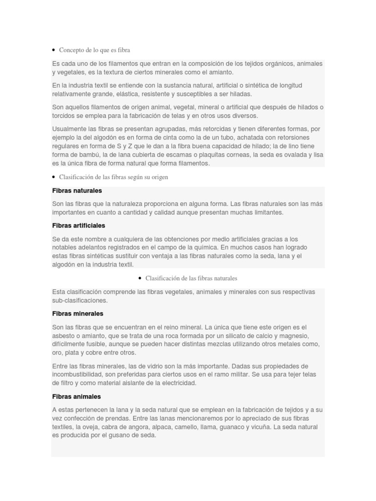 Tipos y Clasificación de Fibras | PDF | Seda | Fibra sintética
