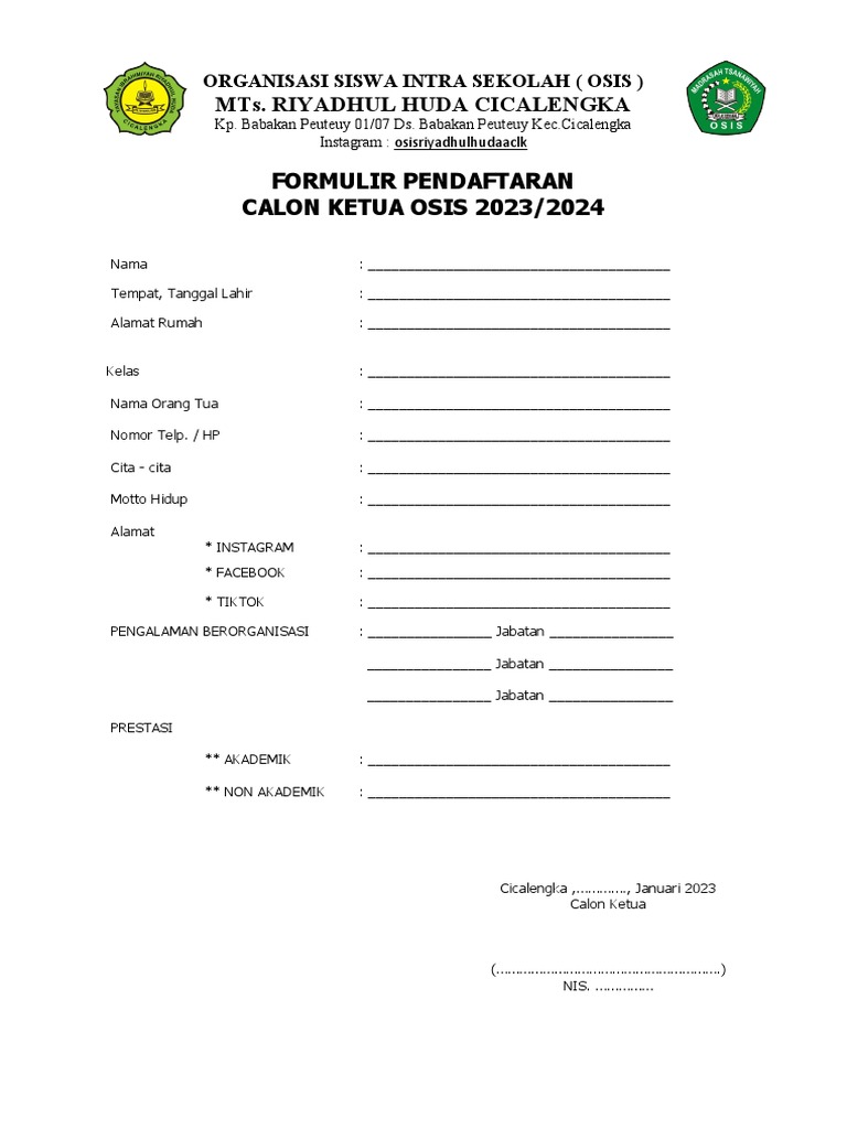 Formulir Pendaftaran Ketua Osis | PDF