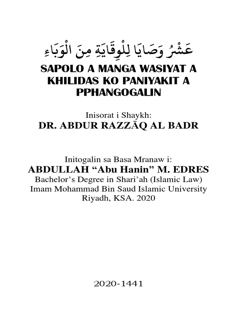 Sopolo A Manga Wasiyat Ko Manga Paniyakit Abdullah Edres | PDF