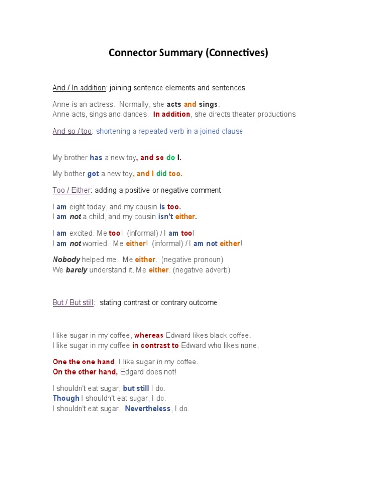 Connector Summary | PDF | Sentence (Linguistics) | Comma