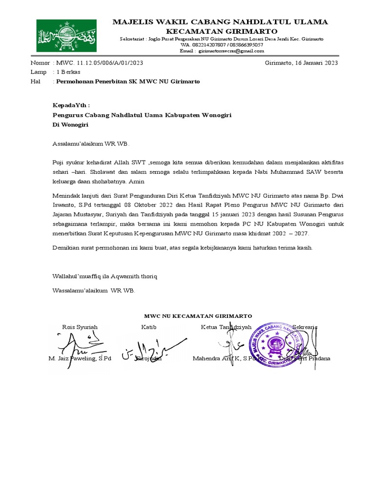 SK Baru MWC NU Girimarto 2022-2027 | PDF