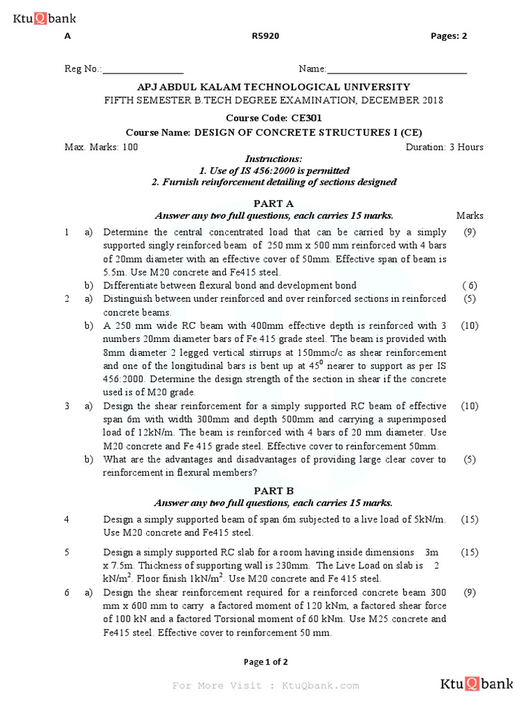 2018 Dec. CE301-C - Ktu Qbank | PDF | Beam (Structure) | Reinforced Concrete