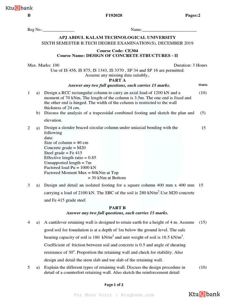 2019 Dec. CE304-F - Ktu Qbank | PDF | Prestressed Concrete | Concrete