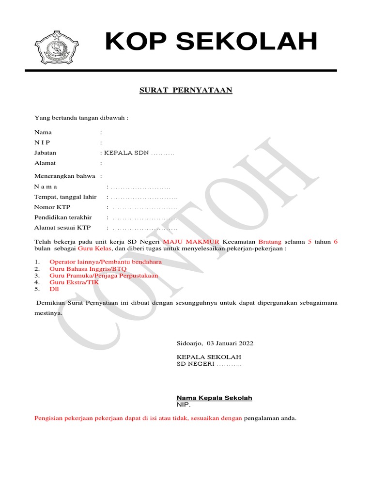 Contoh SURAT PERNYATAAN KEPALA SEKOLAH | PDF