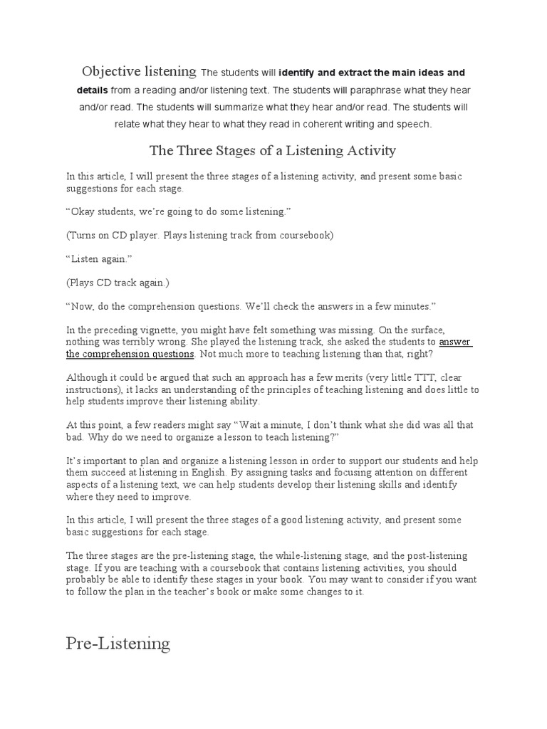 Objective Listening The Students Will | PDF | Reading Comprehension ...