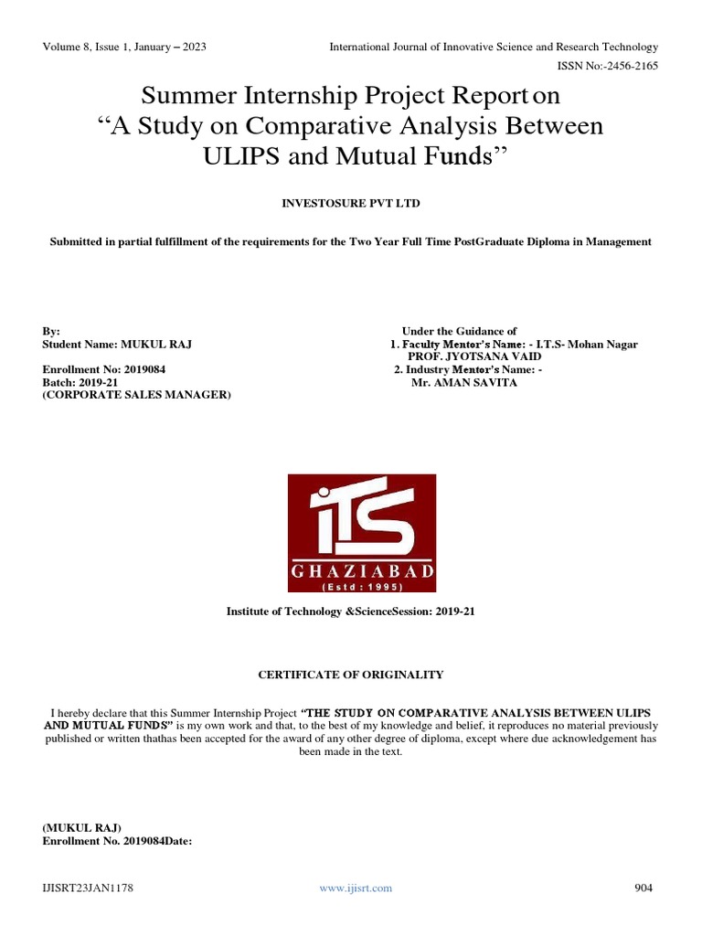 Summer Internship Project Report On "A Study On Comparative Analysis Between ULIPS and Mutual ...