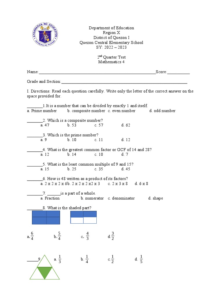 Grade 4 2nd QUARTER TEST | PDF | Arithmetic | Abstract Algebra