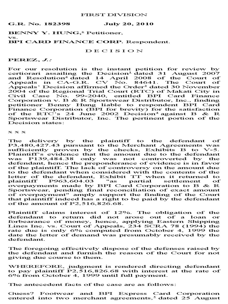 159 Benny Hung Vs BPI Finance Corporation GR No 182398 20 July 2010 ...