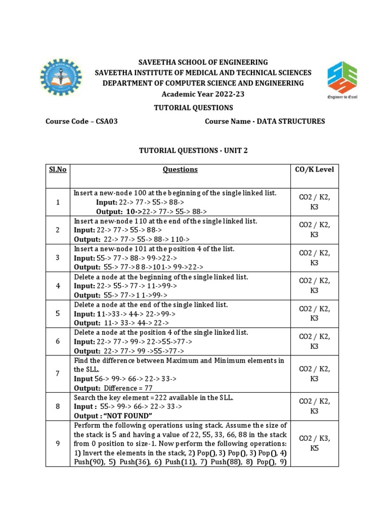Saveetha School of Engineering Data Structures Tutorial Questions | PDF ...