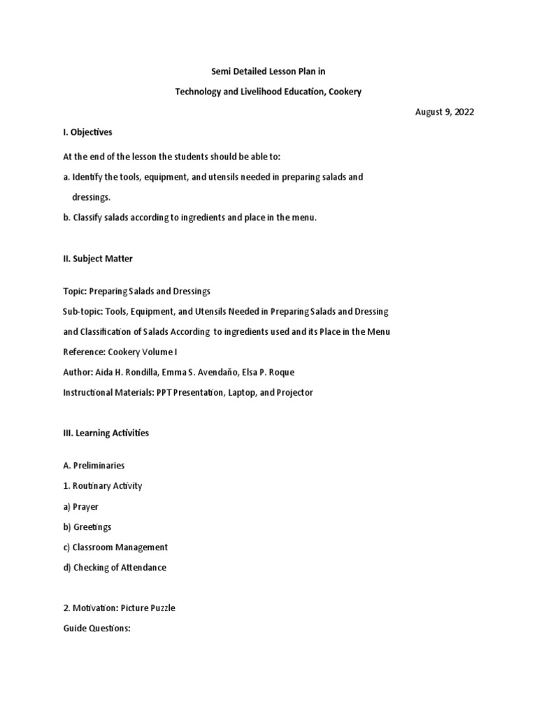 Lesson Plan: Salad Preparation in TLE | PDF | Salad | Lesson Plan