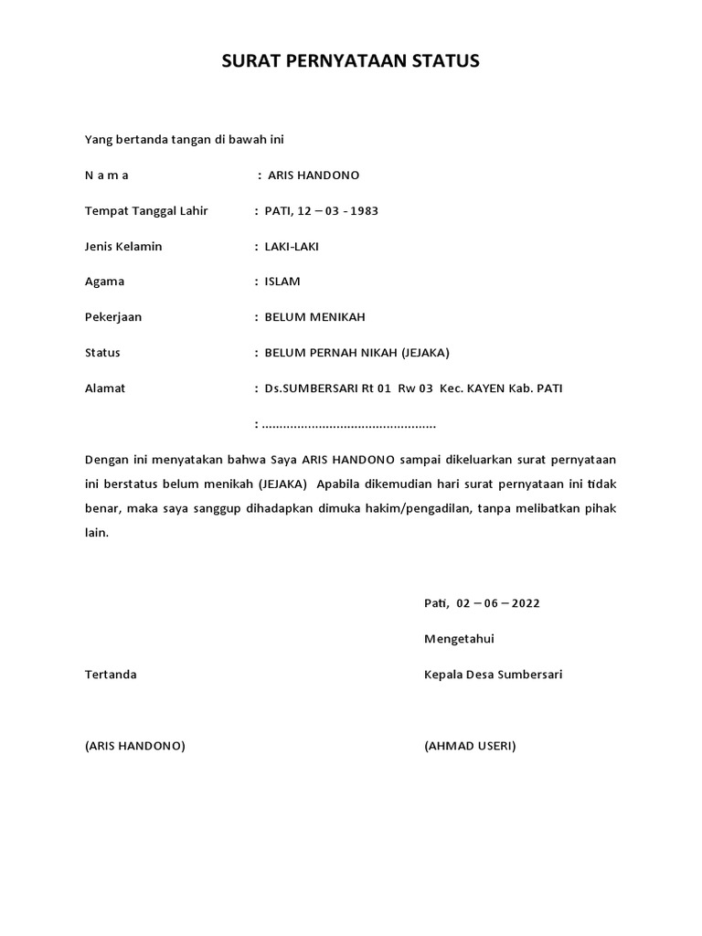 Surat Pernyataan Jejaka | PDF