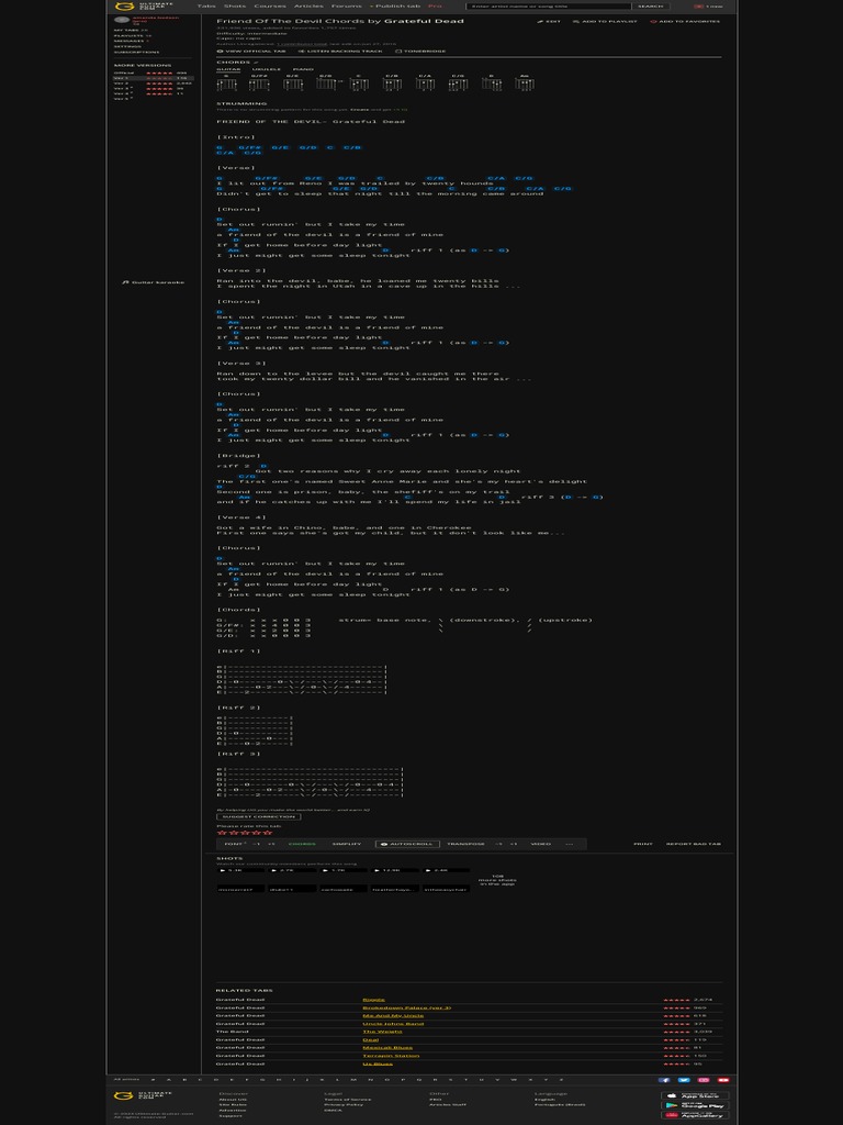 FRIEND OF THE DEVIL CHORDS by Grateful Dead | PDF | Song Structure ...