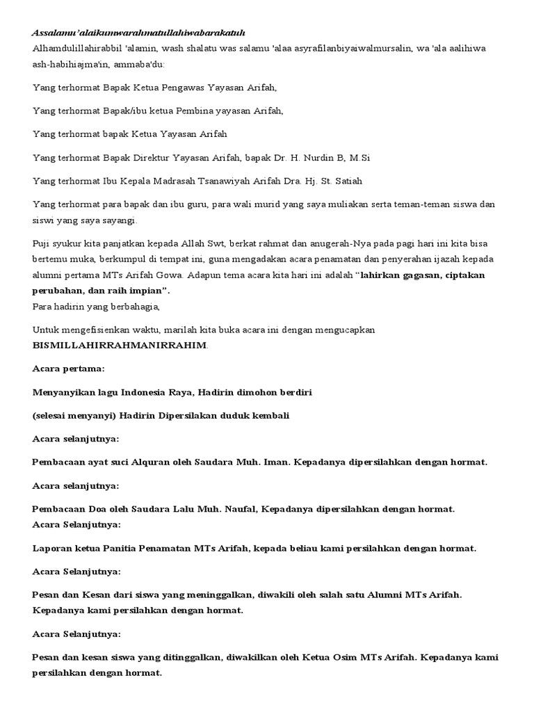 Teks MC Acara Wisuda MTs Arifah | PDF