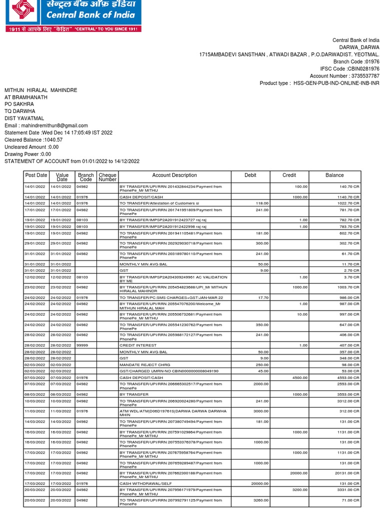 Central Bank statement title | PDF | Payments | Cheque