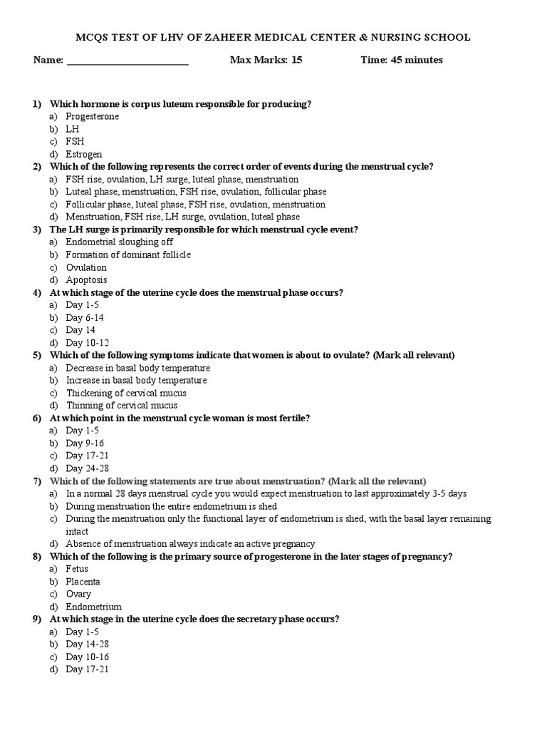 menstrual cycle quiz | PDF | Menstrual Cycle | Gynaecology