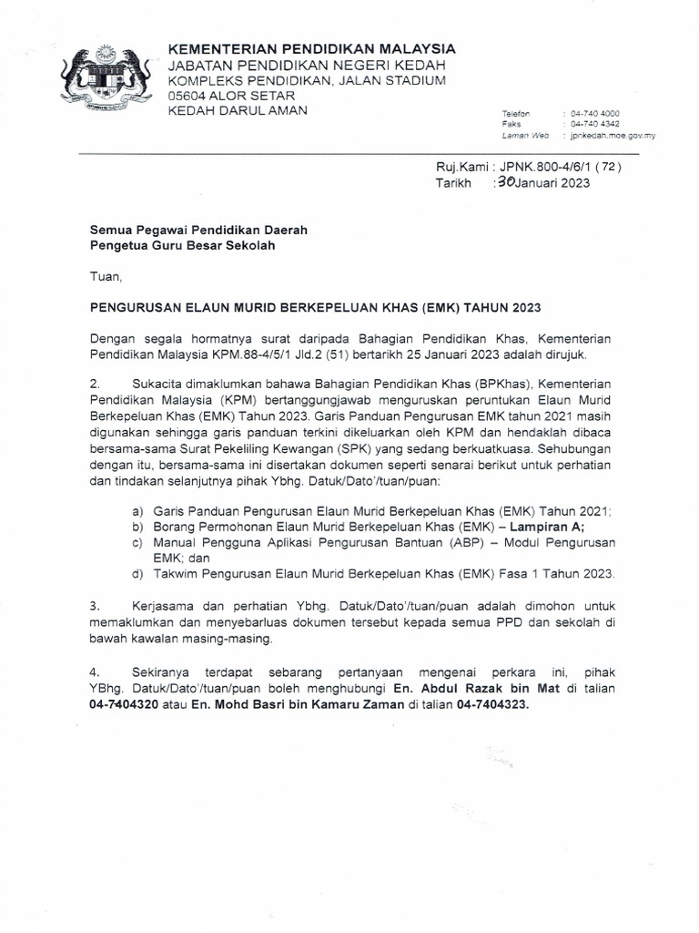 Pengurusan Elaun Murid Berkeperluan Khas (Emk) Tahun 2023 | PDF