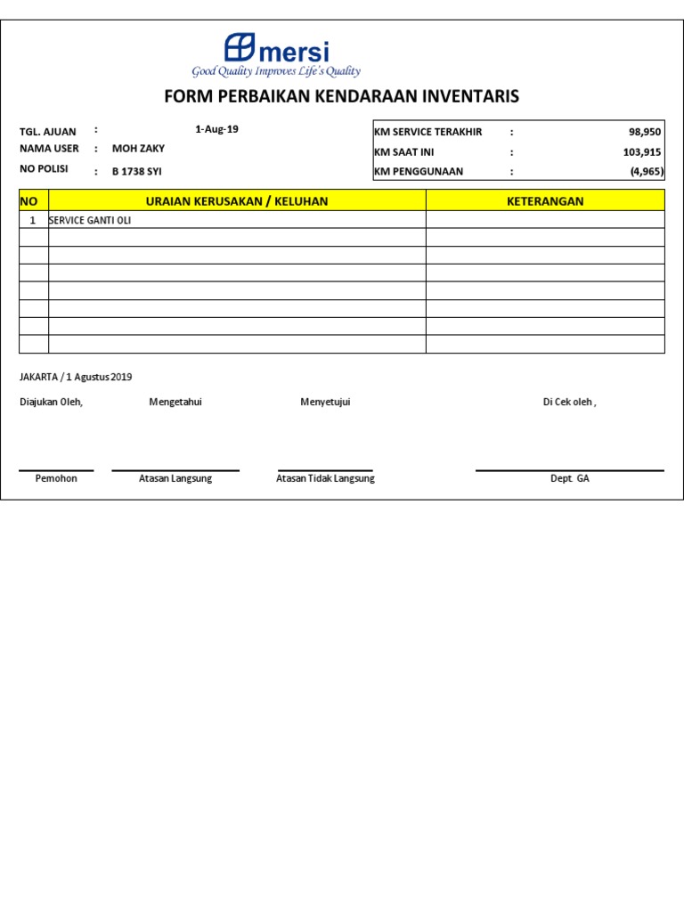 Form Perbaikan Kendaraan Inventaris Kosong | PDF