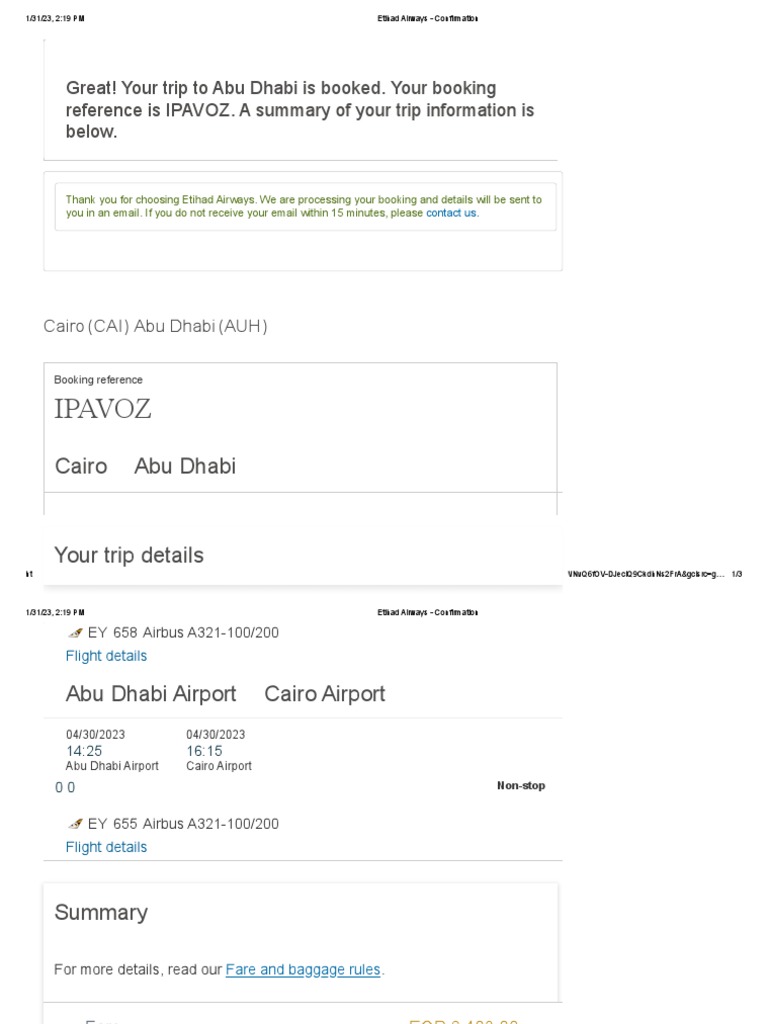 Etihad Airways - Confirmation | PDF | Civil Aviation | Aviation