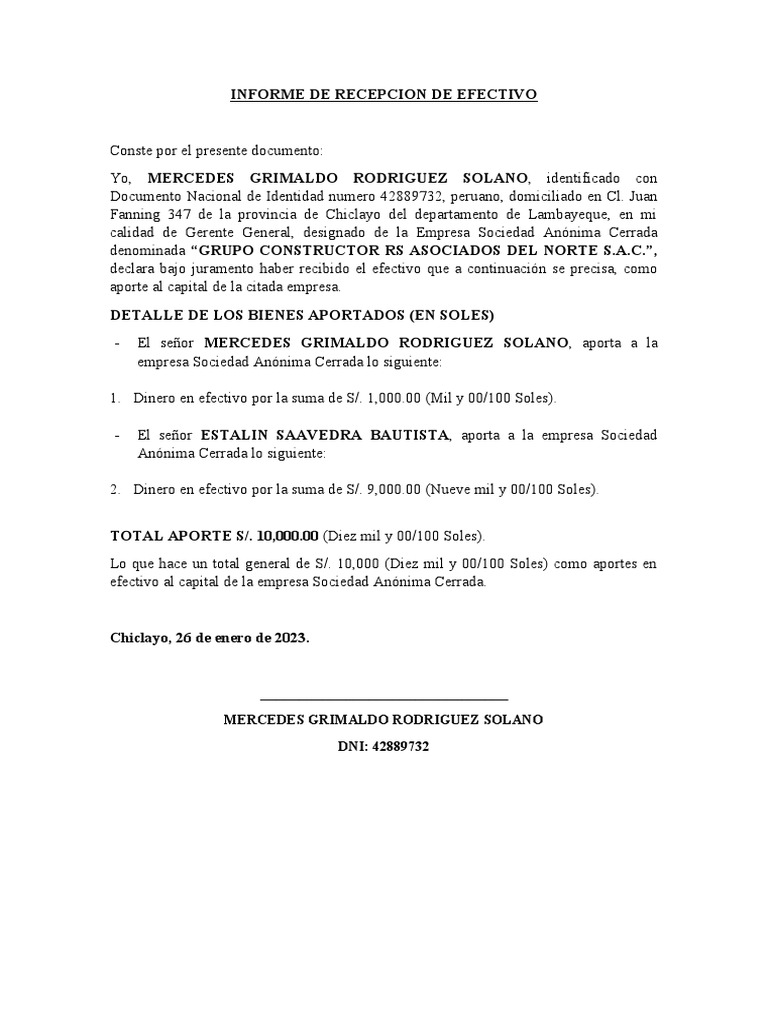 INFORME DE RECEPCION DE EFECTIVO grimaldo-1 | PDF