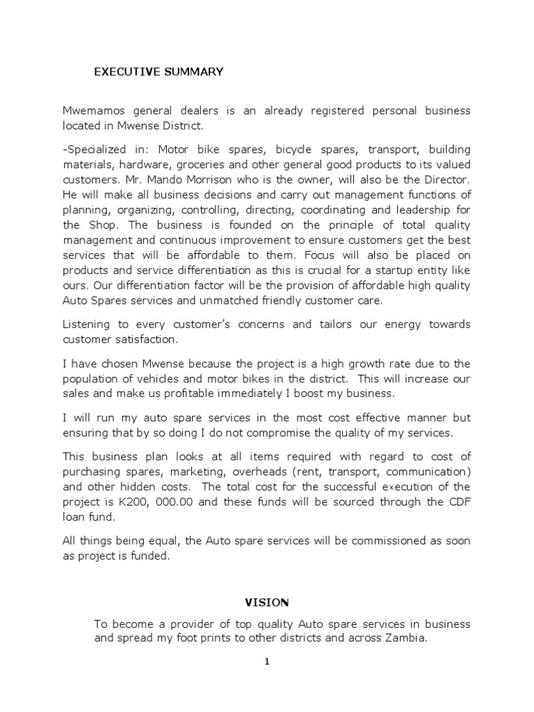 Mwemamos Auto Spares Executive Summary | PDF | Swot Analysis | Sales