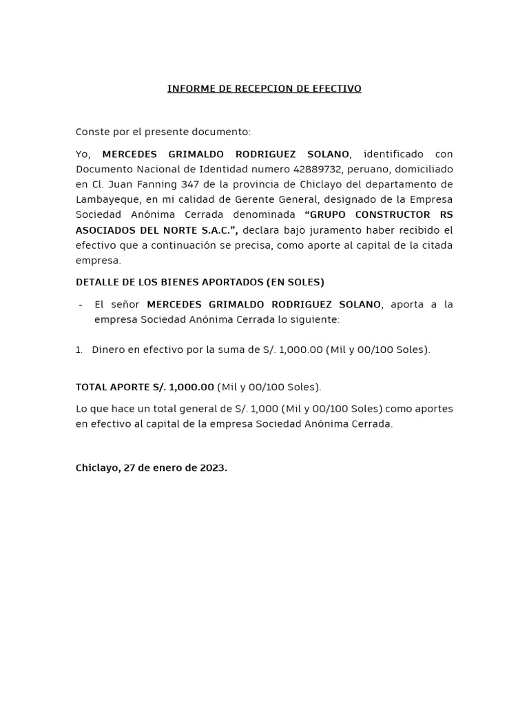 INFORME DE RECEPCION DE EFECTIVO Grimaldo | PDF