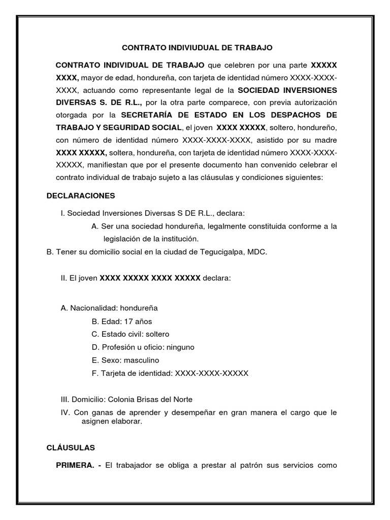 Contrato Individual de Trabajo para Un Menor de Edad | PDF | Honduras ...