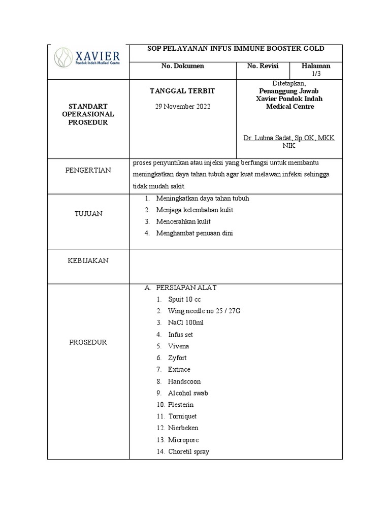 Sop Pelayanan Infus Immune Booster Gold | PDF
