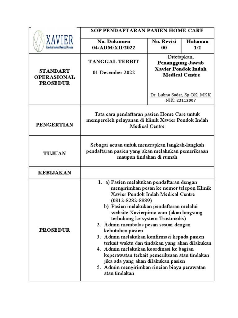 SOP Pendaftaran Pasien Home Care | PDF