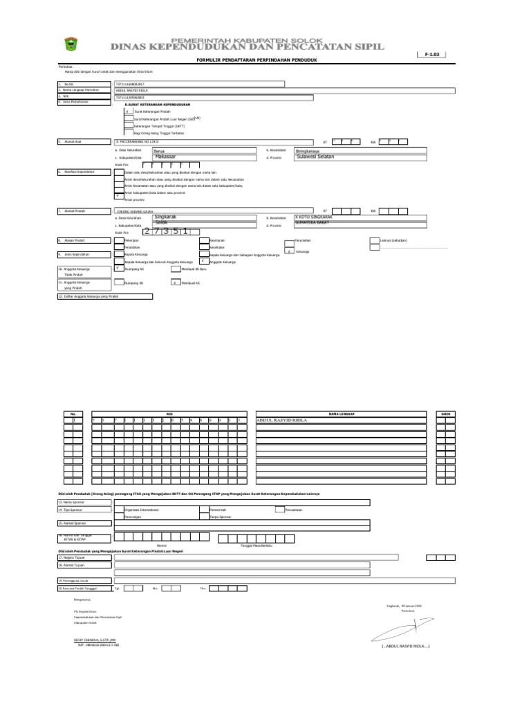 F-1 03 Formulir Pendaftaran Perpindahan Penduduk | PDF