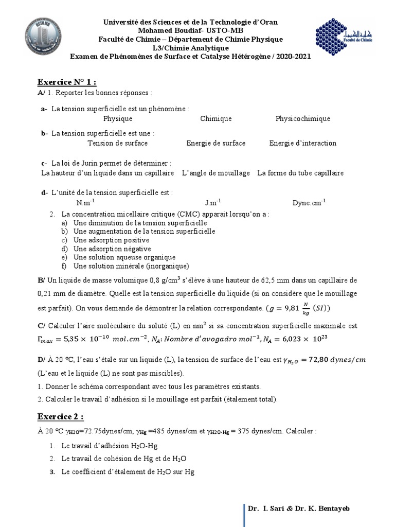 L3 CP Examen 2021 | PDF | Tension superficielle | Chimie